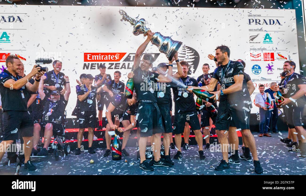Emirates Team New Zealand (NZ) Skipper/Helmsman Peter Burling, holding ...