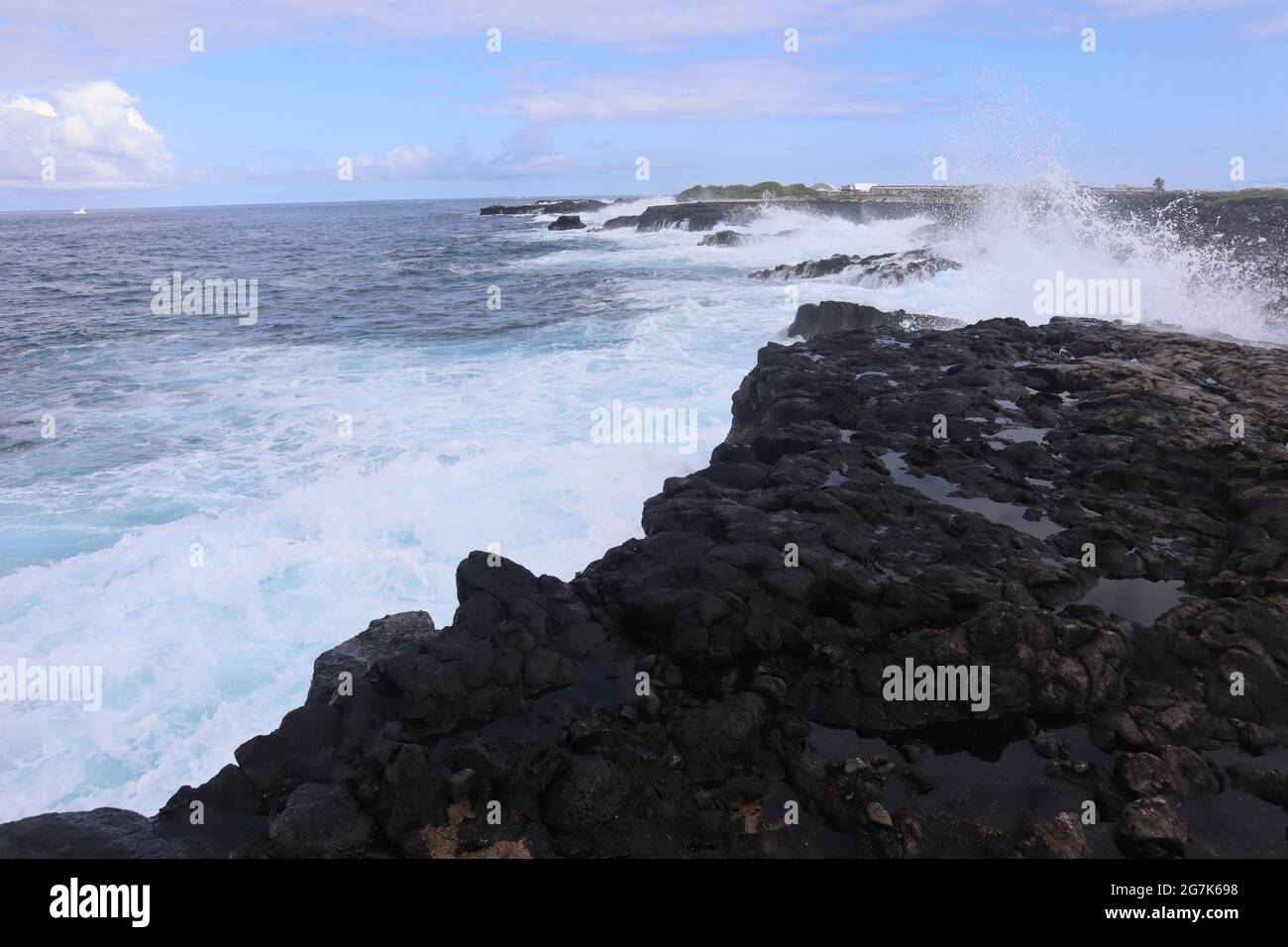 Oceanside landscape of black volcanic rock on the island of Kona ...