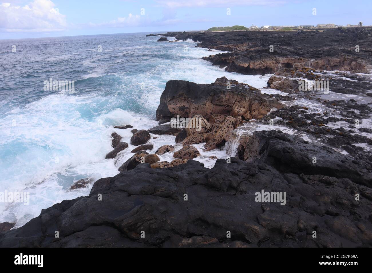 Oceanside landscape of black volcanic rock on the island of Kona ...