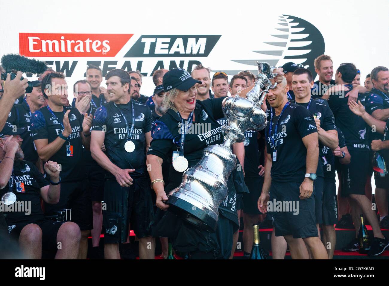 Emirates Team New Zealand (NZ) team mates and Tina Symmans celebrating ...