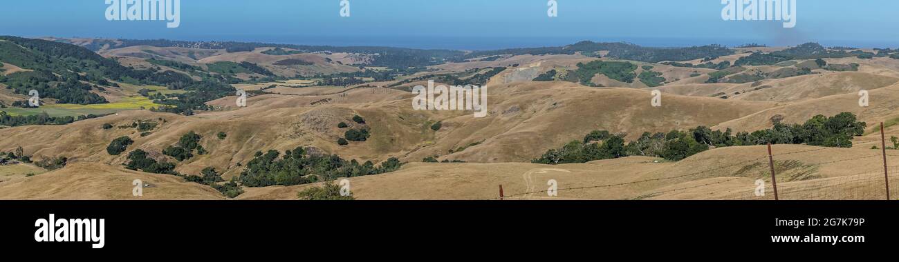 Cambria, CA, USA - June 8, 2021: Panorama landscape on Back country ...