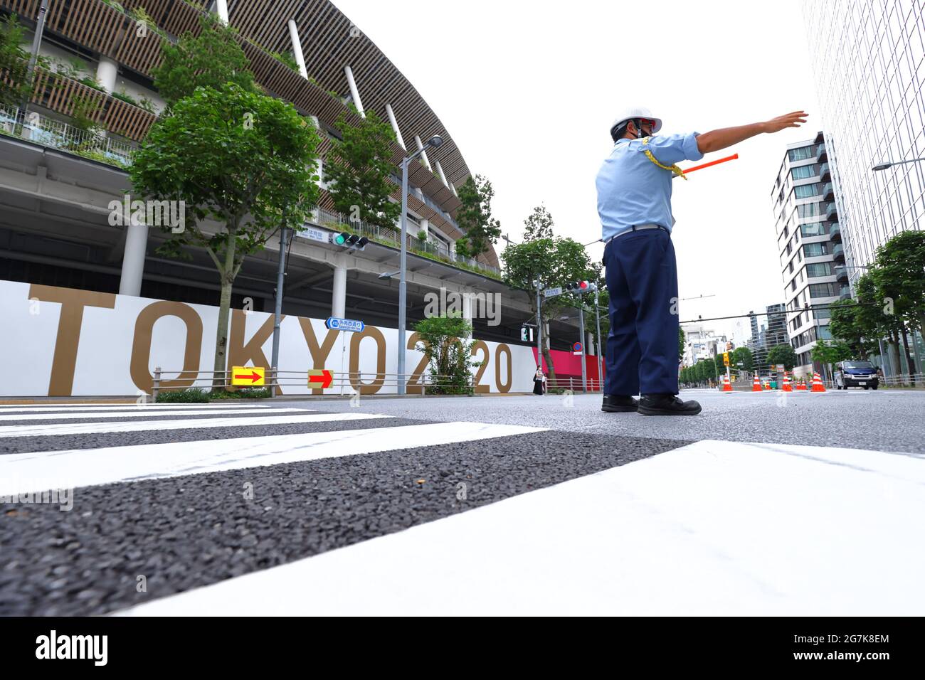 A road is blocked near the National Stadium before the 2020 Tokyo ...
