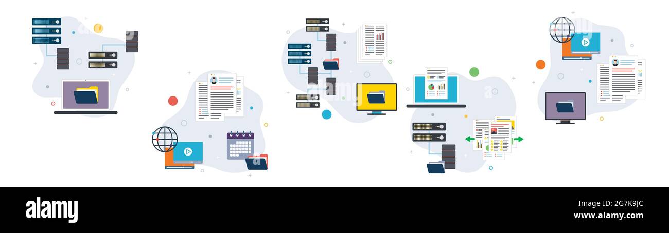 Network, computer, storage and file transfer icons. Concepts of network solutions, computer ...