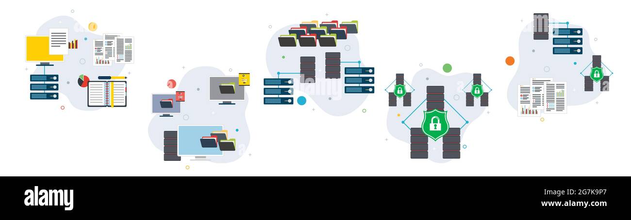 Network, computer, server ,business, technology, database and security icons. Concepts of data ...