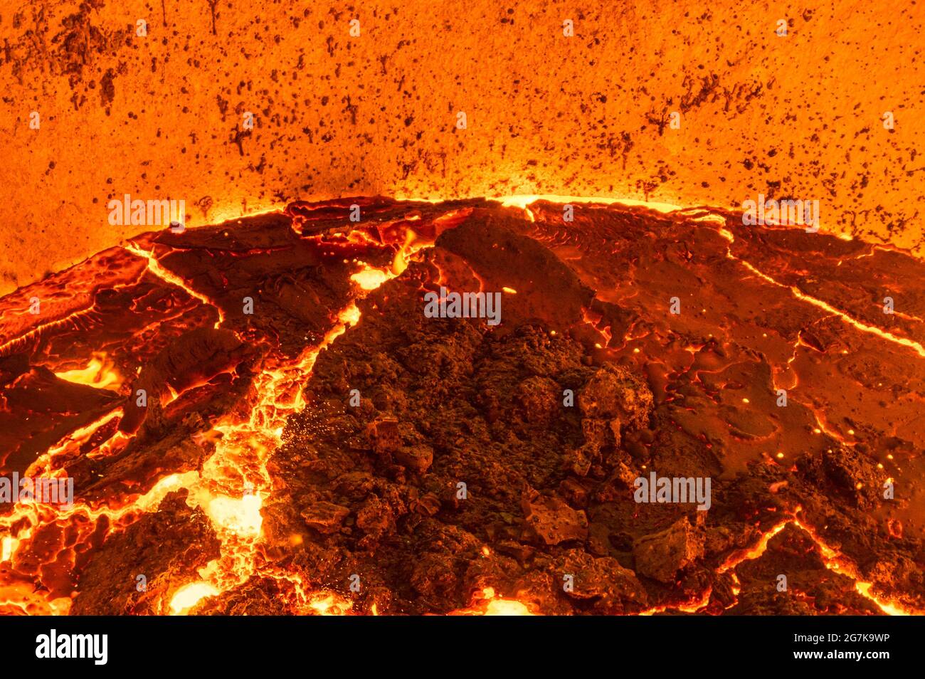 The surface of a hot liquid slag in a metallurgical ladle. Thick crust ...