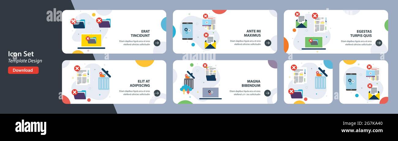 Web banners template in vector with icons of delete folder, trash digital, destroy data and ...