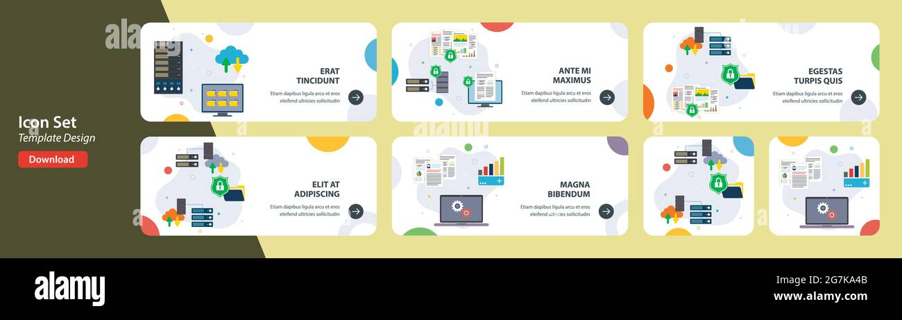 Web banners template in vector with icons of mainframe computer, cloud storage security, data ...