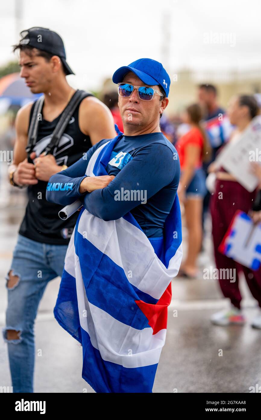 Miami, FL, USA - July 14, 2021: SOS Cuba protests on the streets of ...