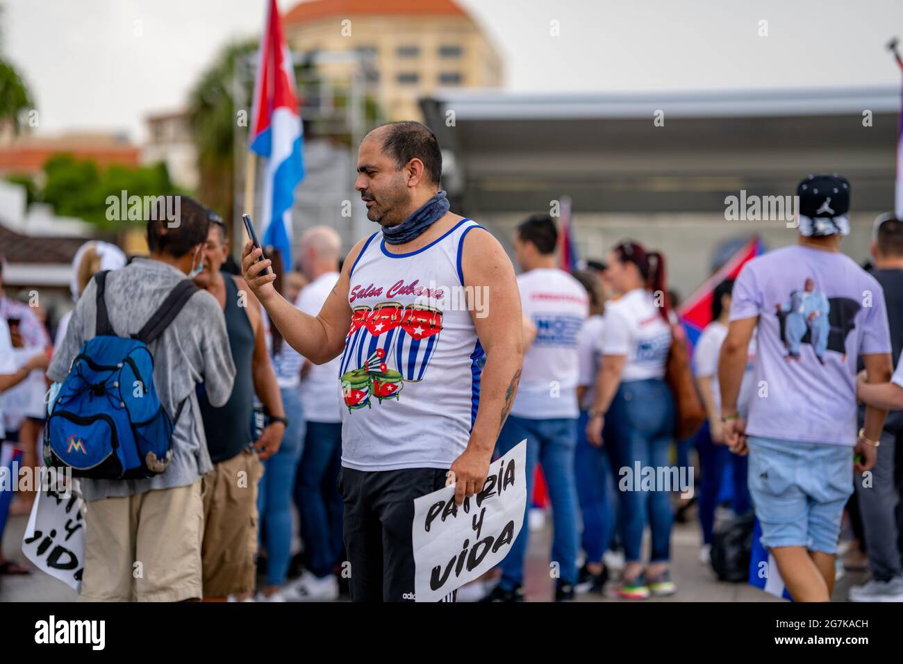 Miami, FL, USA - July 14, 2021: SOS Cuba protests on the streets of ...