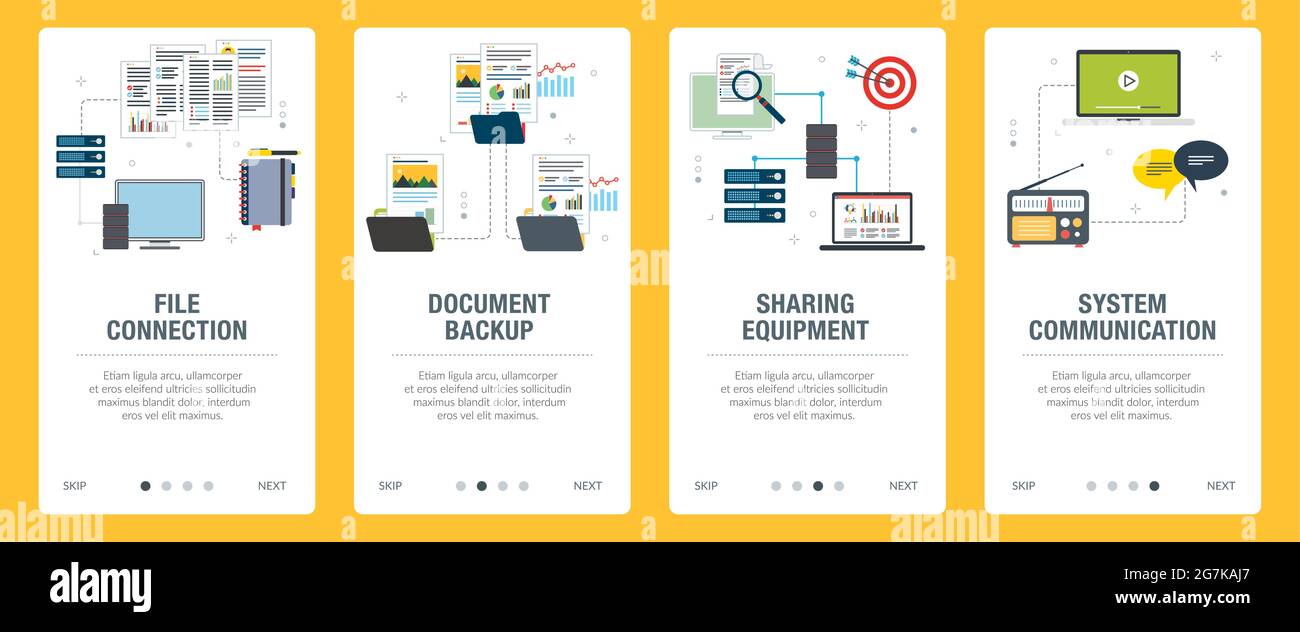 Connection, backup, report, sharing, communication and computer icons. Concepts of file ...