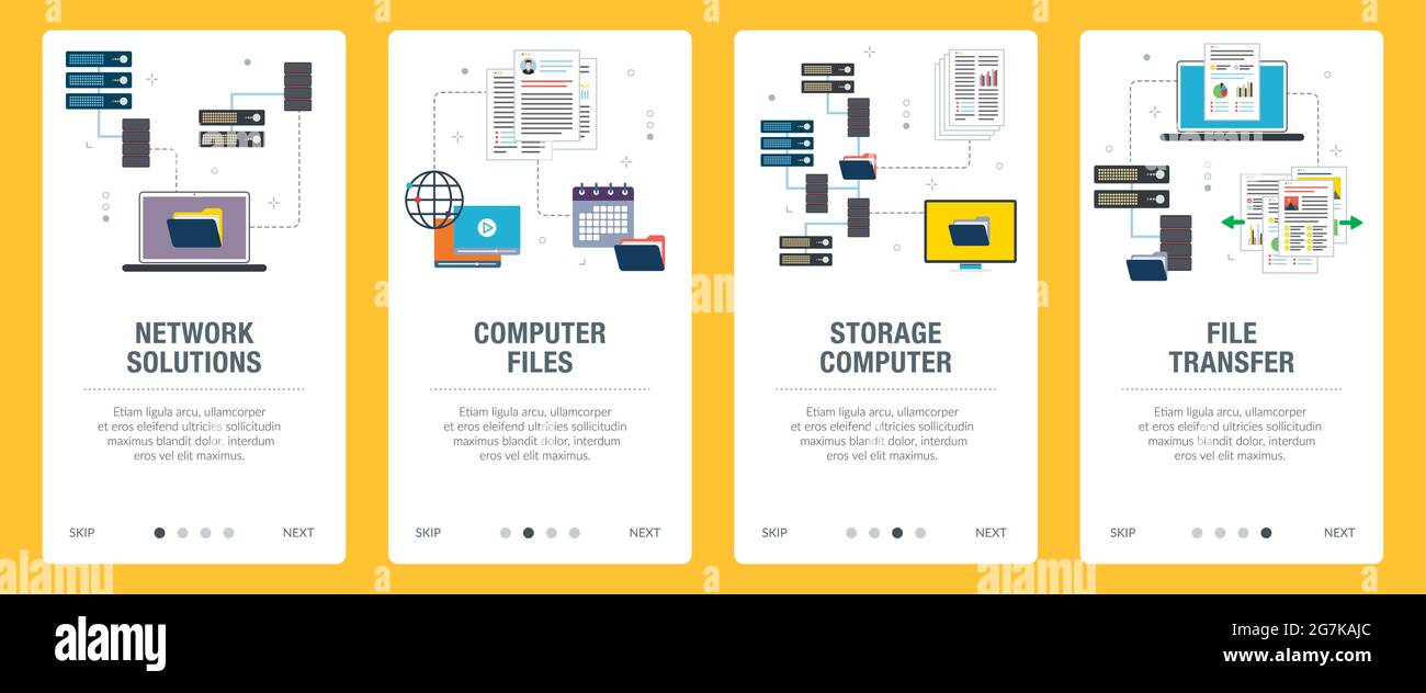 Network, computer, storage and file transfer icons. Concepts of network solutions, computer ...