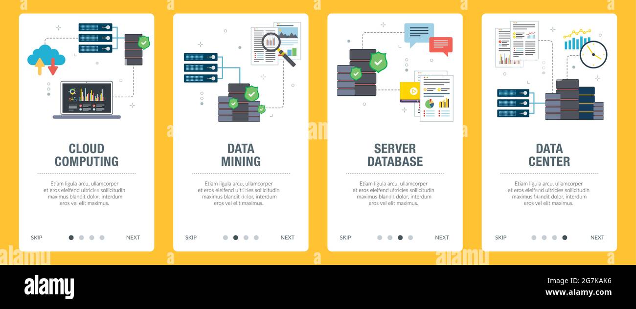 Cloud computing, mining, server, database and data icons. Concepts of cloud computing, data ...