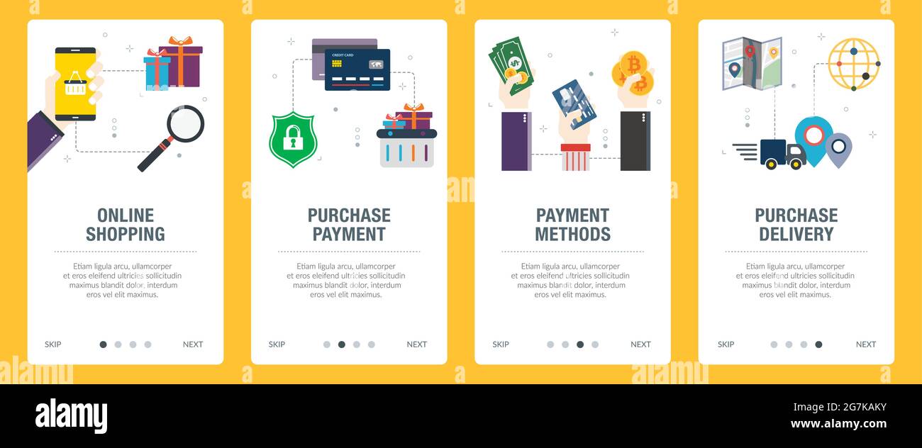 Online shopping, e-commerce, purchase, payment and delivery icons ...