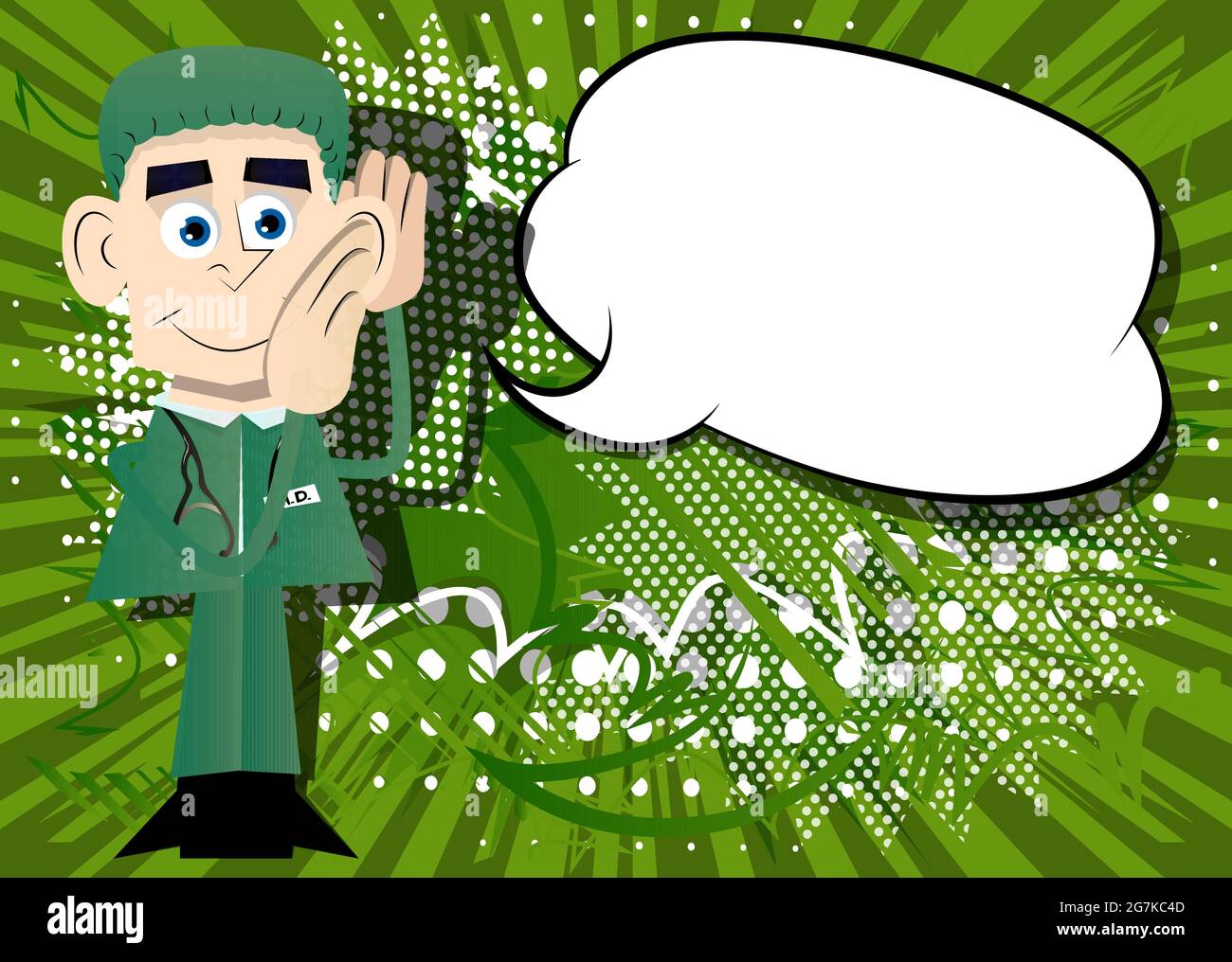 Funny cartoon doctor holds both hand at his ear. Vector illustration ...