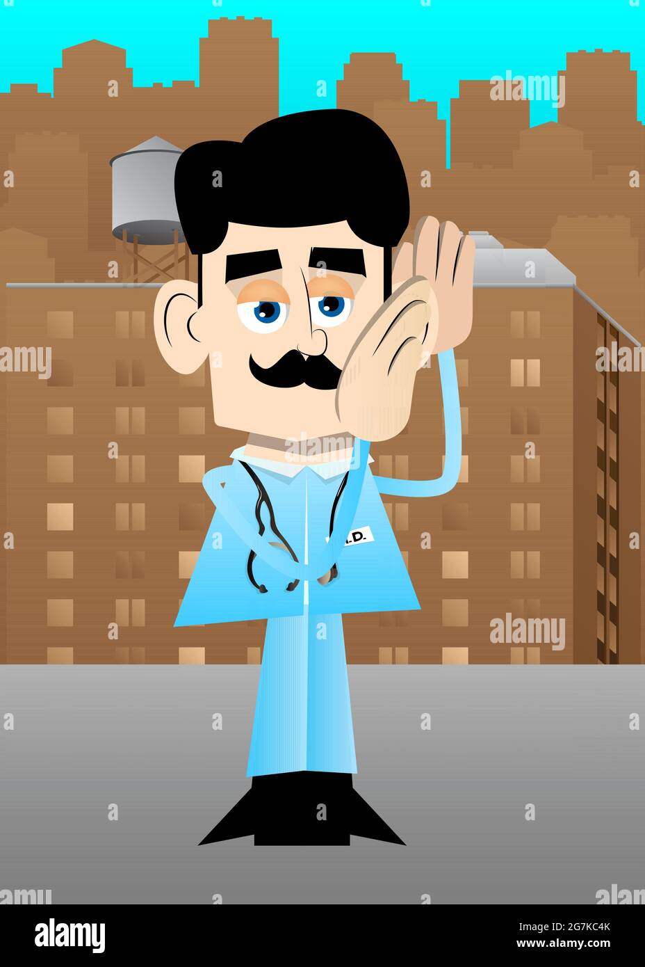 Funny cartoon doctor holds both hand at his ear. Vector illustration ...