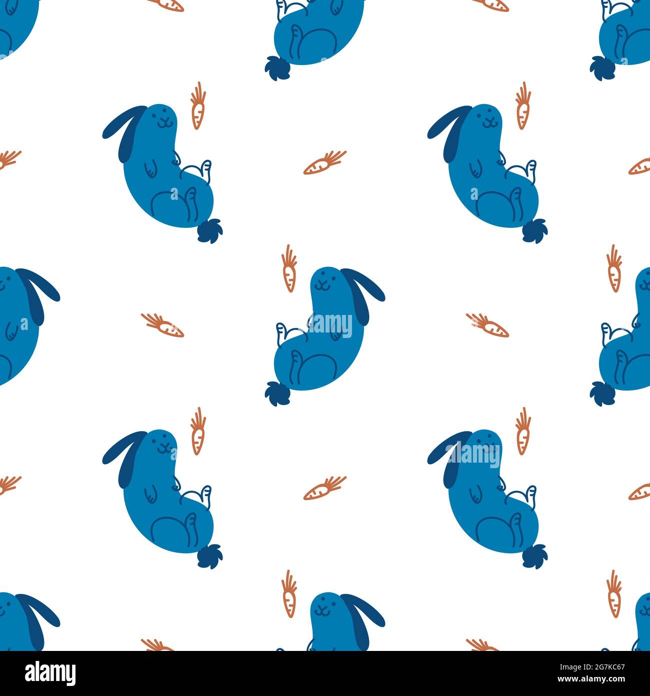 Seamless cute cartoon pet rabbit doodle pattern. Whimsical minimal 2 ...