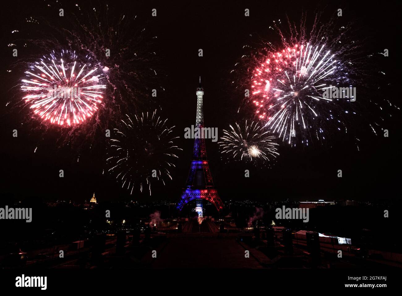 Fireworks light up the Eiffel Tower as part of the annual Bastille Day ...
