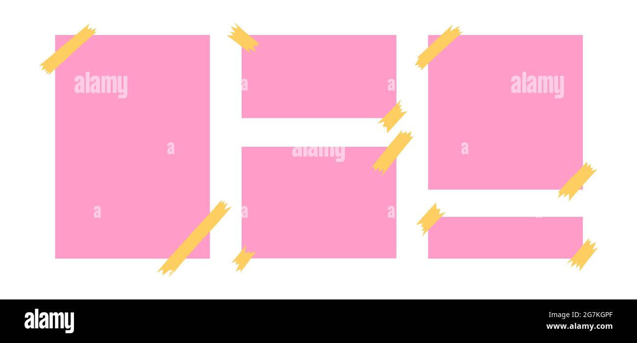 Paper sheets with sticky tape. Pink and yellow blank paper pages for ...