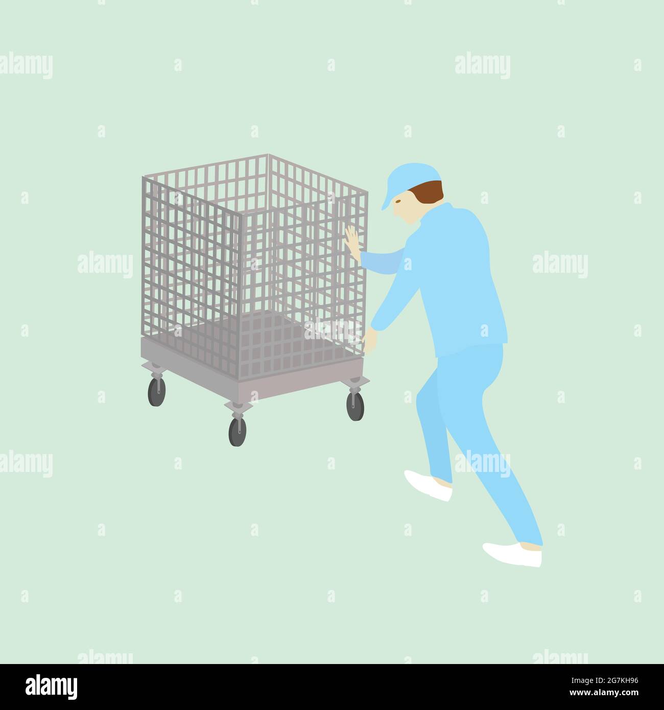 Food industry worker with uniform pushing trolley in factory. Vector ...