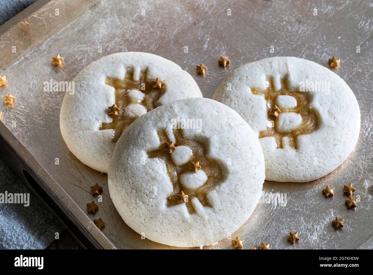 Round shape cookies with the logo of a popular top crypto curency bit ...