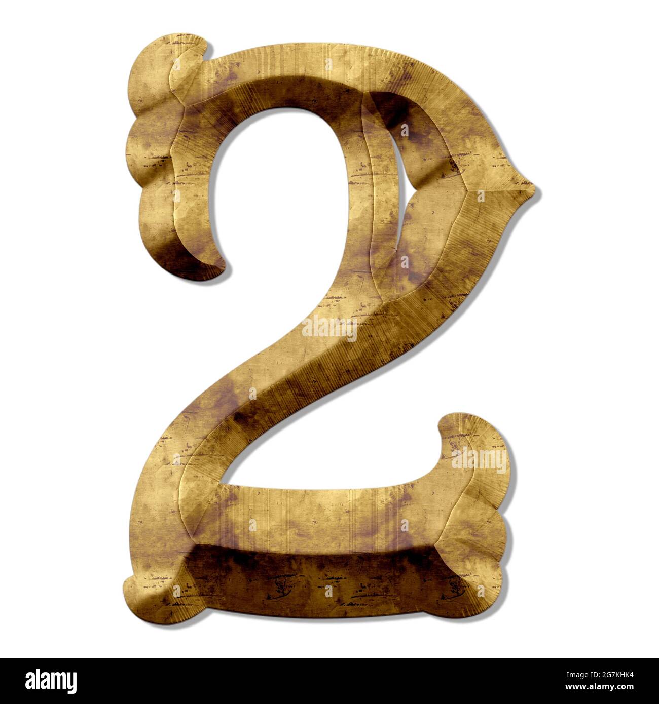 3D rendering of the golden "2" number isolated on white background in ...