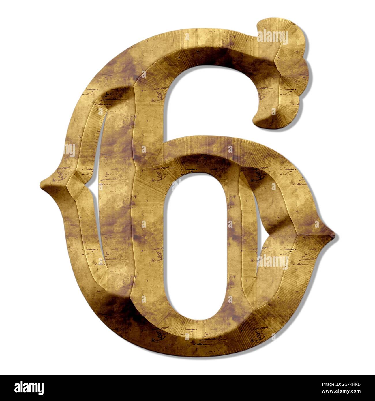 3D rendering of the golden "6" number isolated on white background in ...
