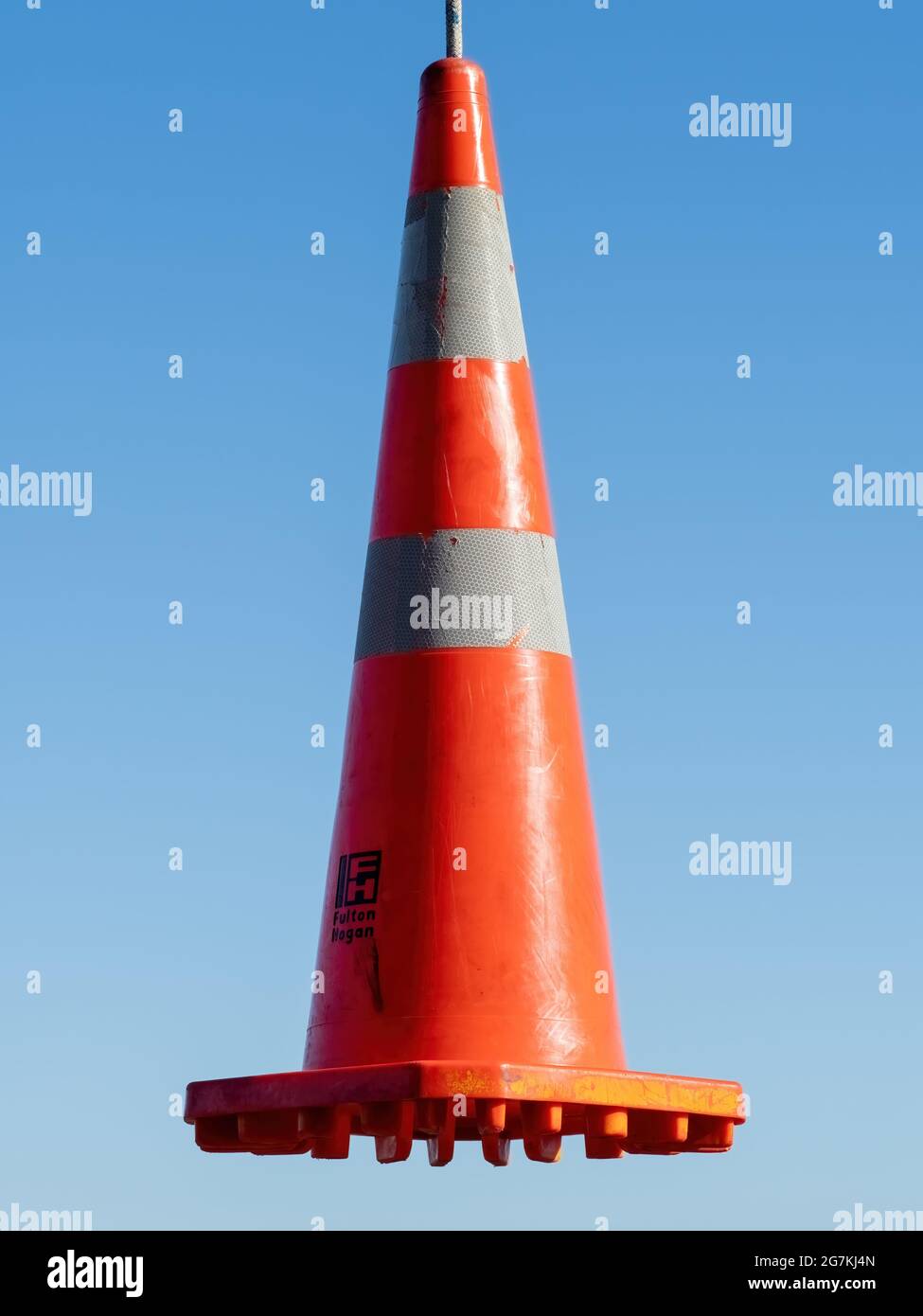 AUCKLAND, NEW ZEALAND - Jun 21, 2021: View of road cone hanging in the ...