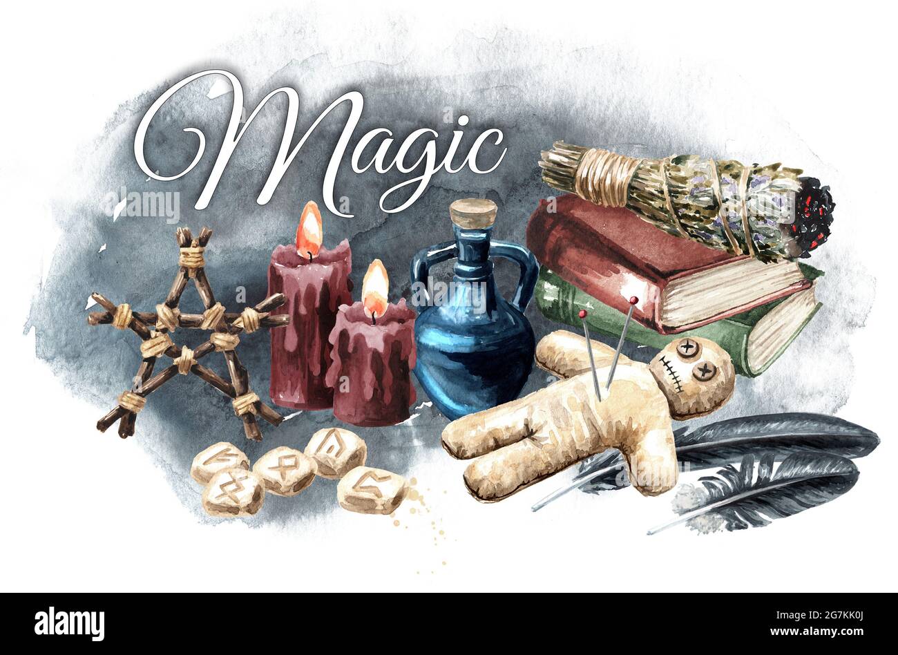 Witchcraft, Magic, occult and esoteric concept. Hand drawn watercolor ...