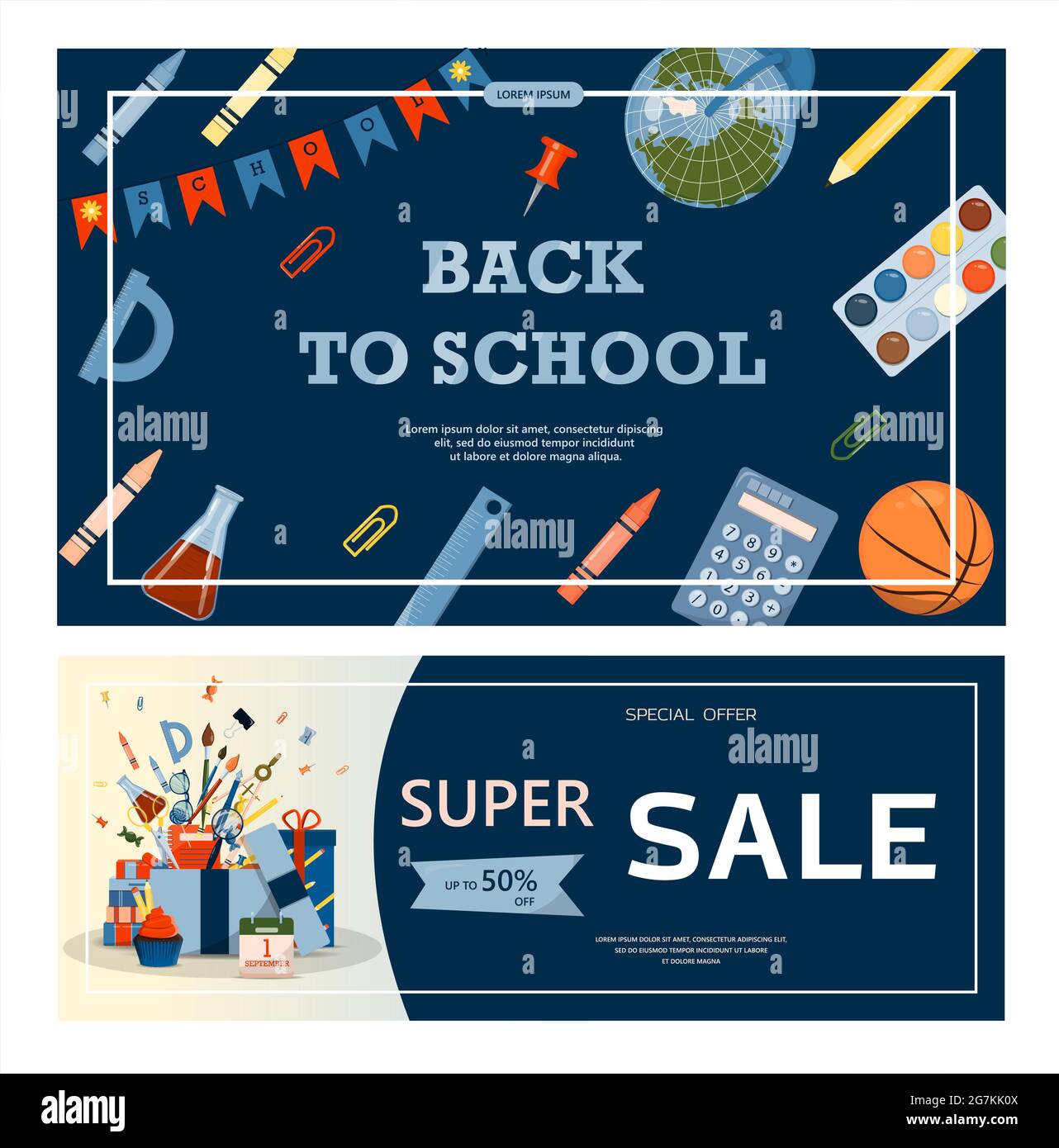 Back to school. Advertising banner, sale, online store, web. Stationery ...