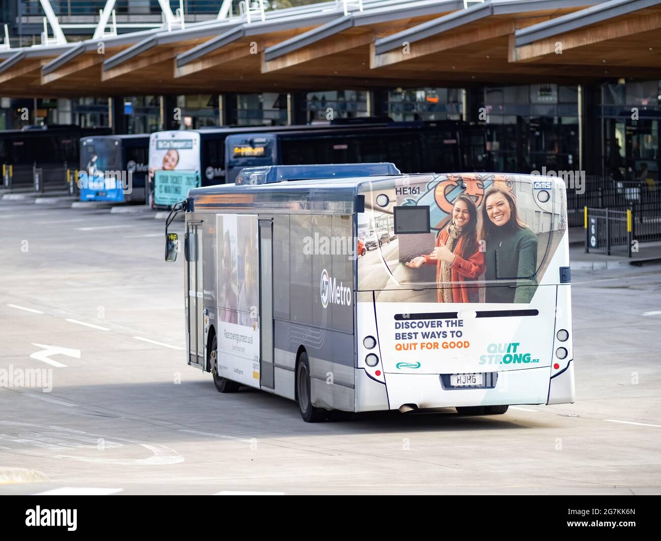 AUCKLAND, NEW ZEALAND - Jun 21, 2021: View of bus arriving at Manukau ...