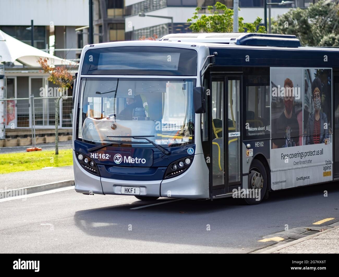AUCKLAND, NEW ZEALAND - Jun 21, 2021: View of blue Auckland Metro bus ...