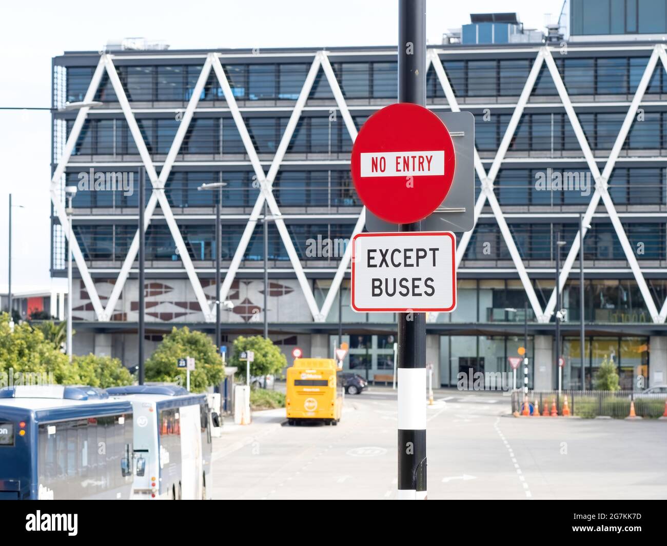 AUCKLAND, NEW ZEALAND - Jun 24, 2021: View of No Entry Expect Buses ...