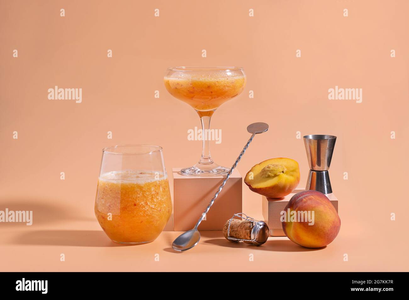 Summer refreshing fruit cocktail bellini of fresh ripe peach and ...