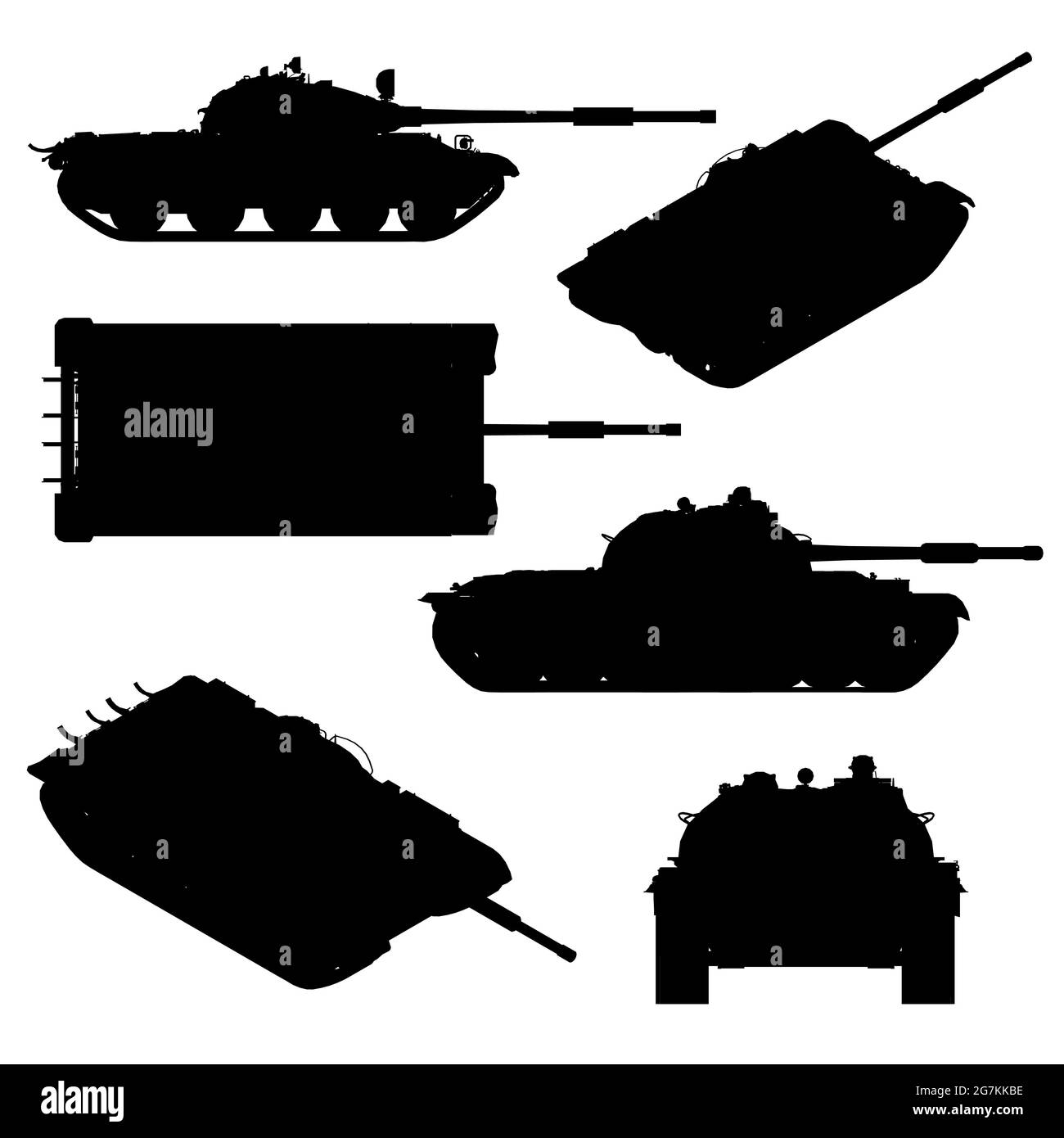 Set with silhouettes of a battle tank in various positions isolated on ...