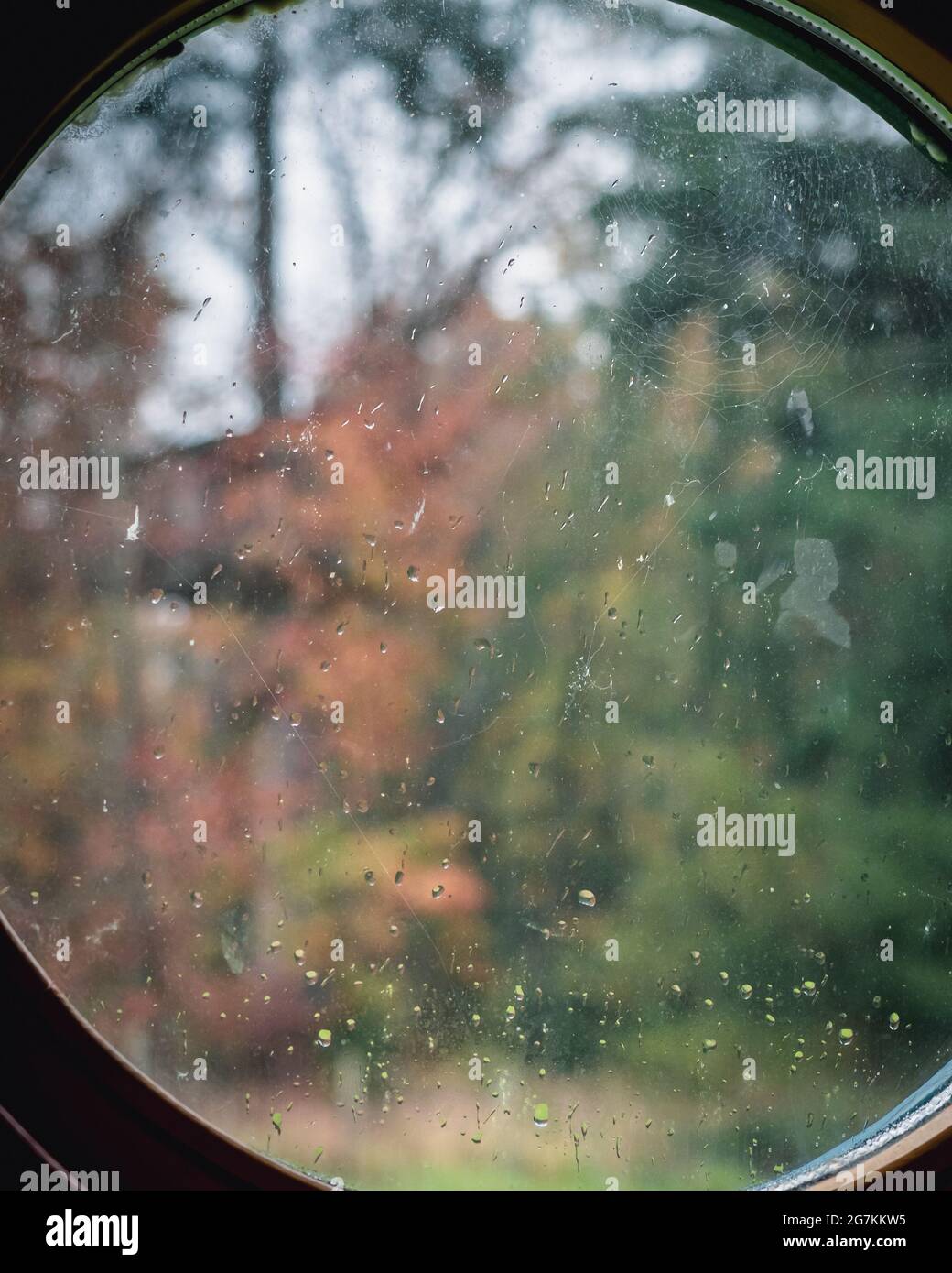 View through the window of a cottage into an autumn forest Stock Photo ...