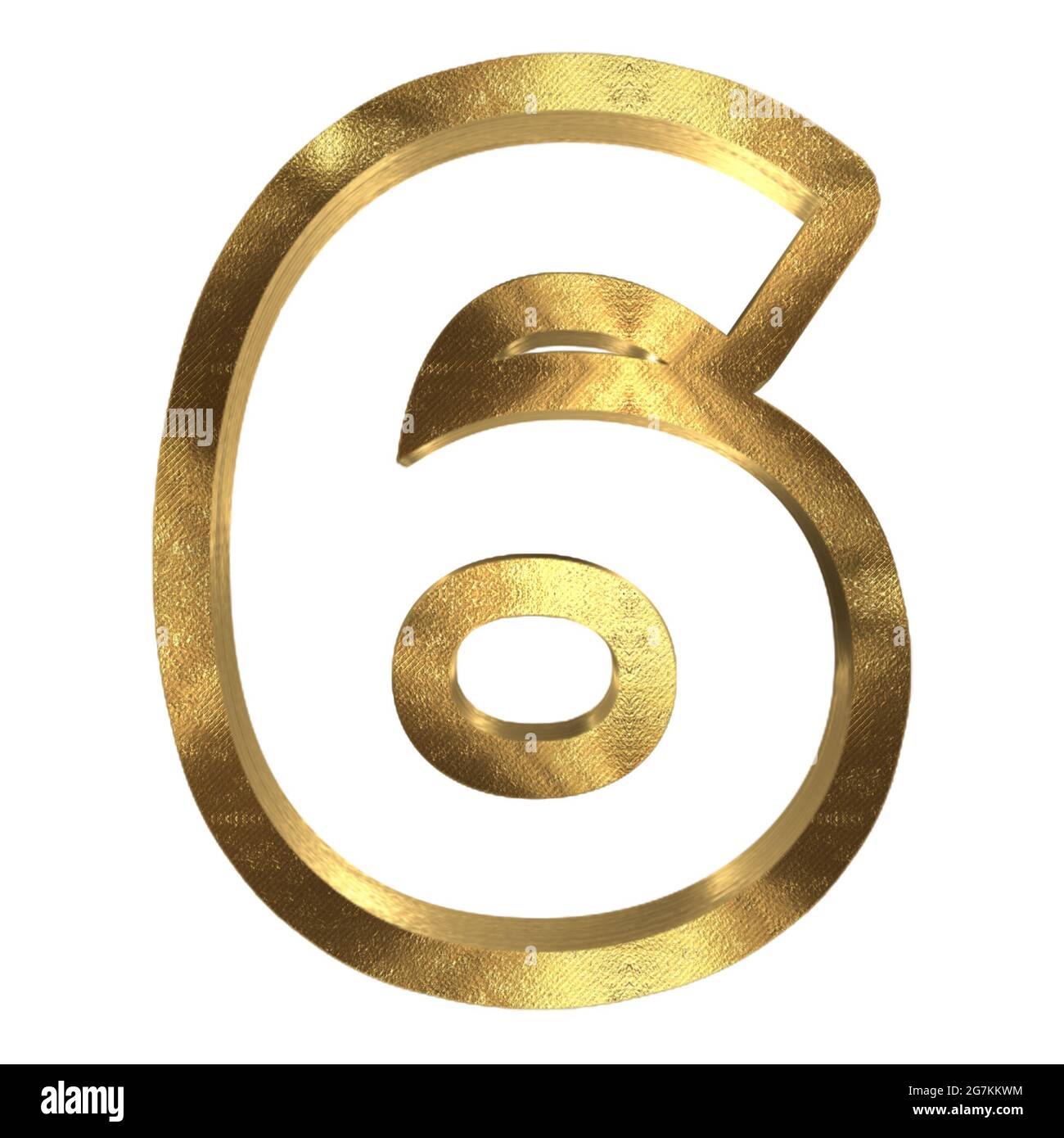 3D rendering of a golden outlined number six symbol isolated on a white ...