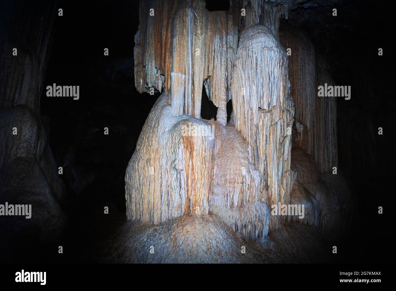 Speleothem formations (mineral deposits) inside a limestone cave on the ...