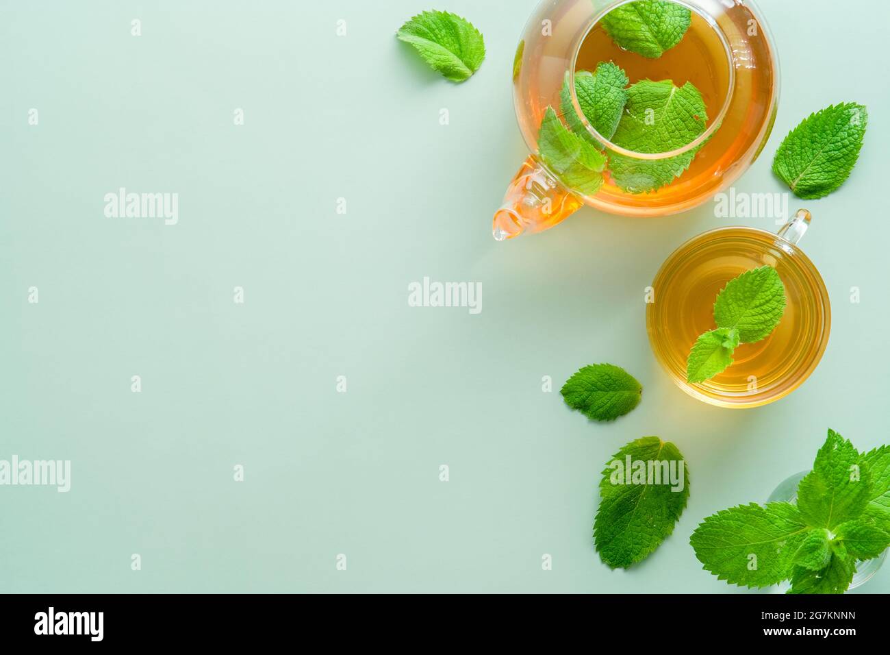 Peppermint fresh tea with mint leaves on green background. Flat lay ...