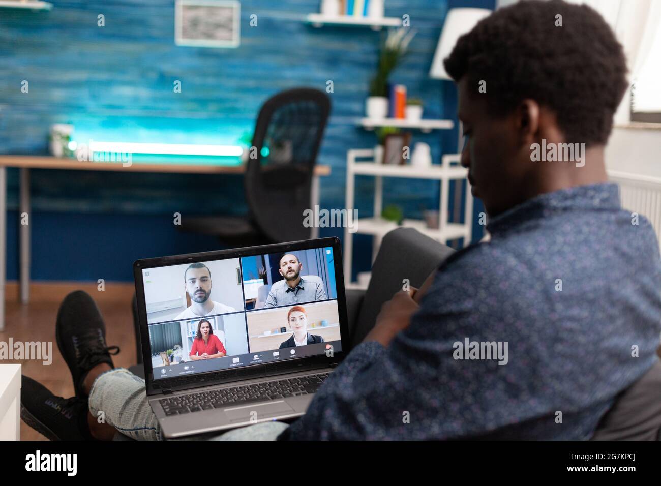 African american ethnicity man using conference webcam communication to ...