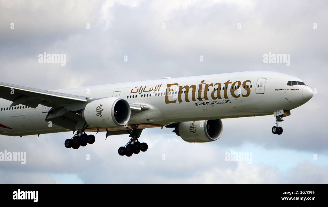 CHICAGO, UNITED STATES - Jul 02, 2021: An Emirates Boeing 777 airplane ...
