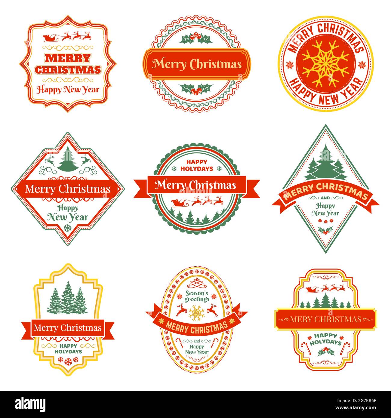 Christmas labels. Vintage xmas winter holiday badges with reindeer, fir ...