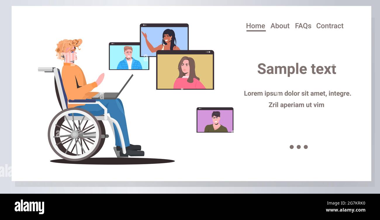 disabled woman wheelchair chatting with friends in web browser windows ...
