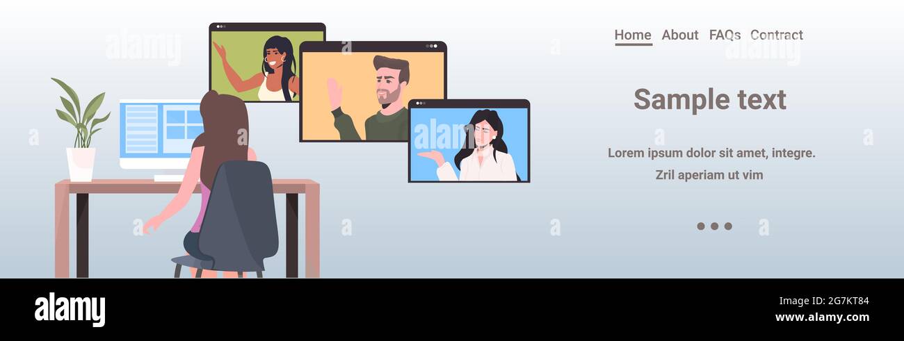 woman chatting with colleagues in web browser windows during video call ...