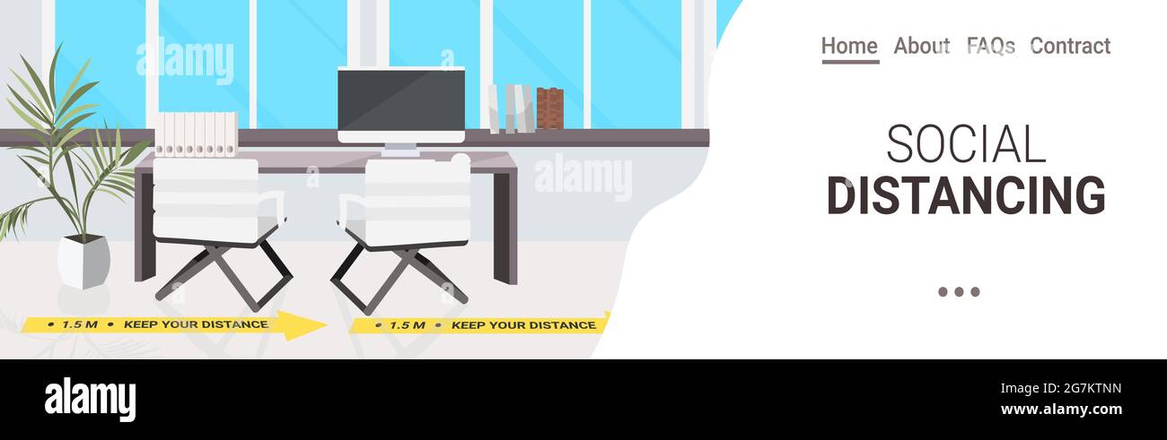 workplace desk with signs for social distancing yellow stickers ...