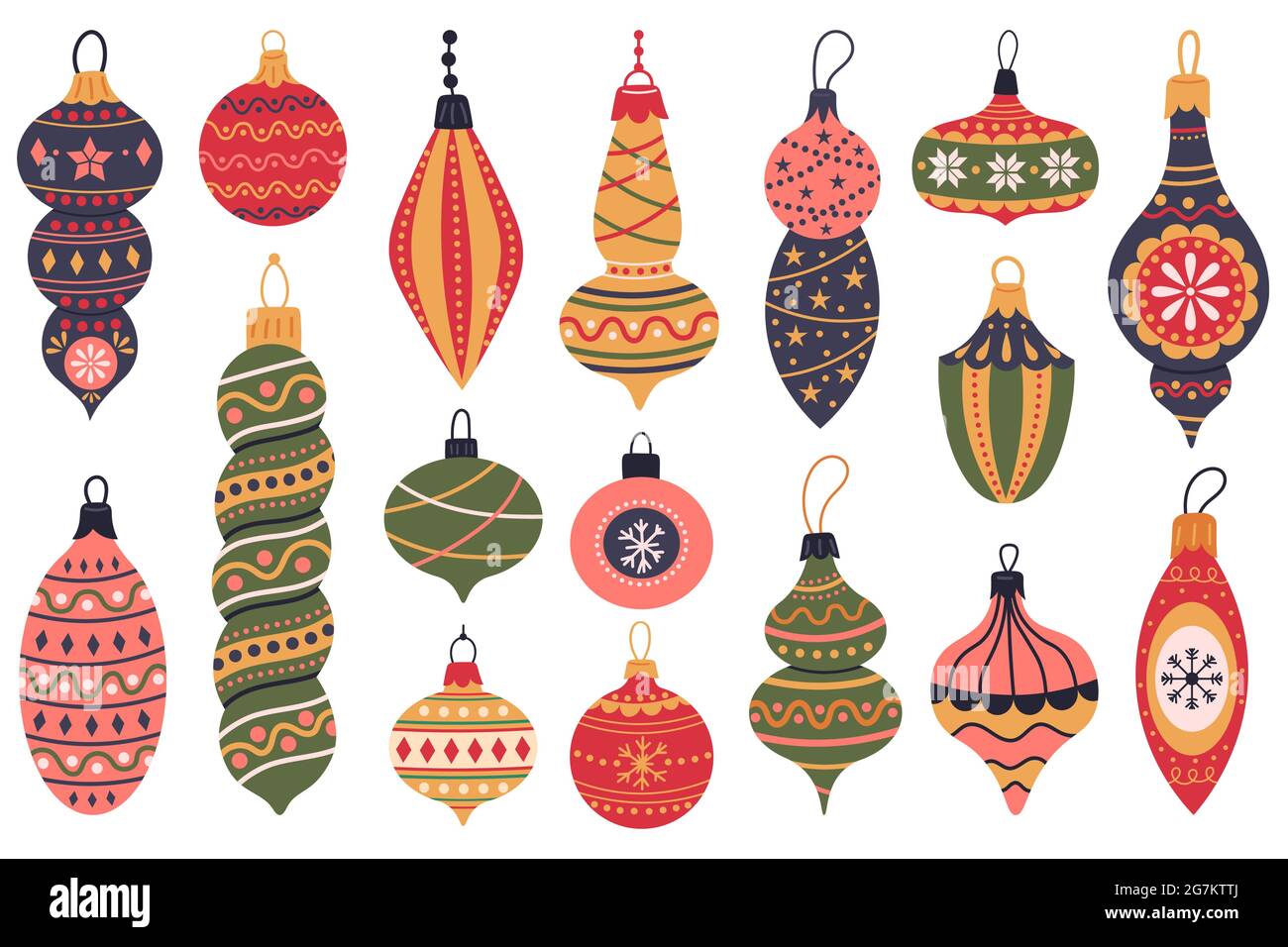 Christmas tree toys. Xmas holidays decorations, vintage stars and balls ...