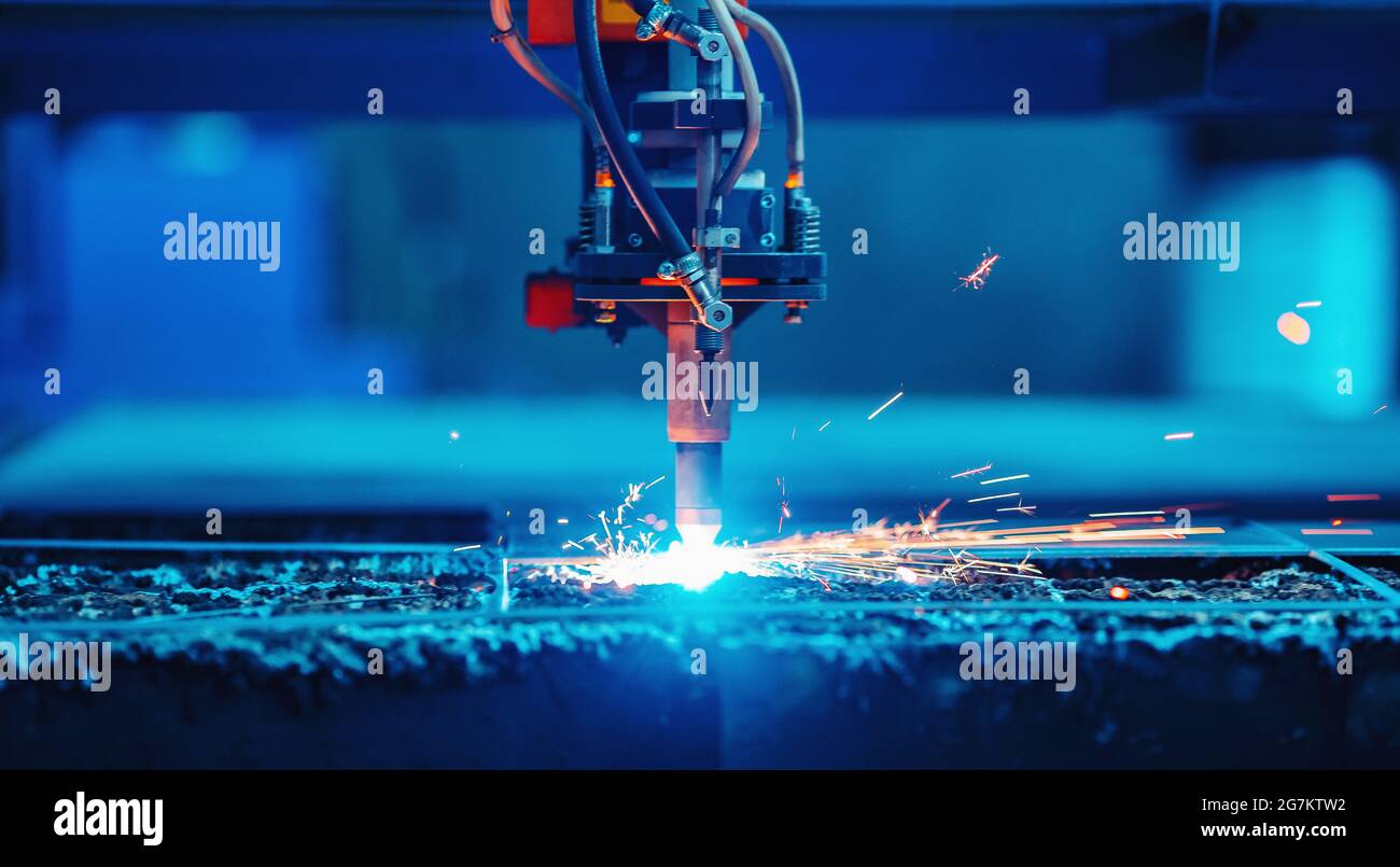 CNC industry banner background. Plasma cutting machine cuts metal ...