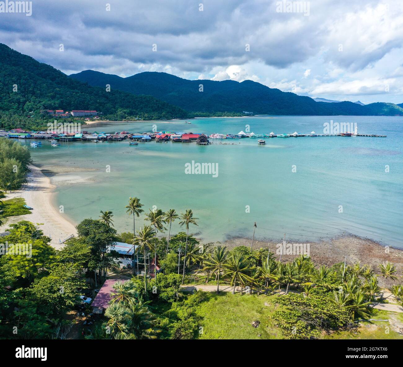 Aerial view of Bang Bao Pier and the lighthouse in koh Chang, Trat ...