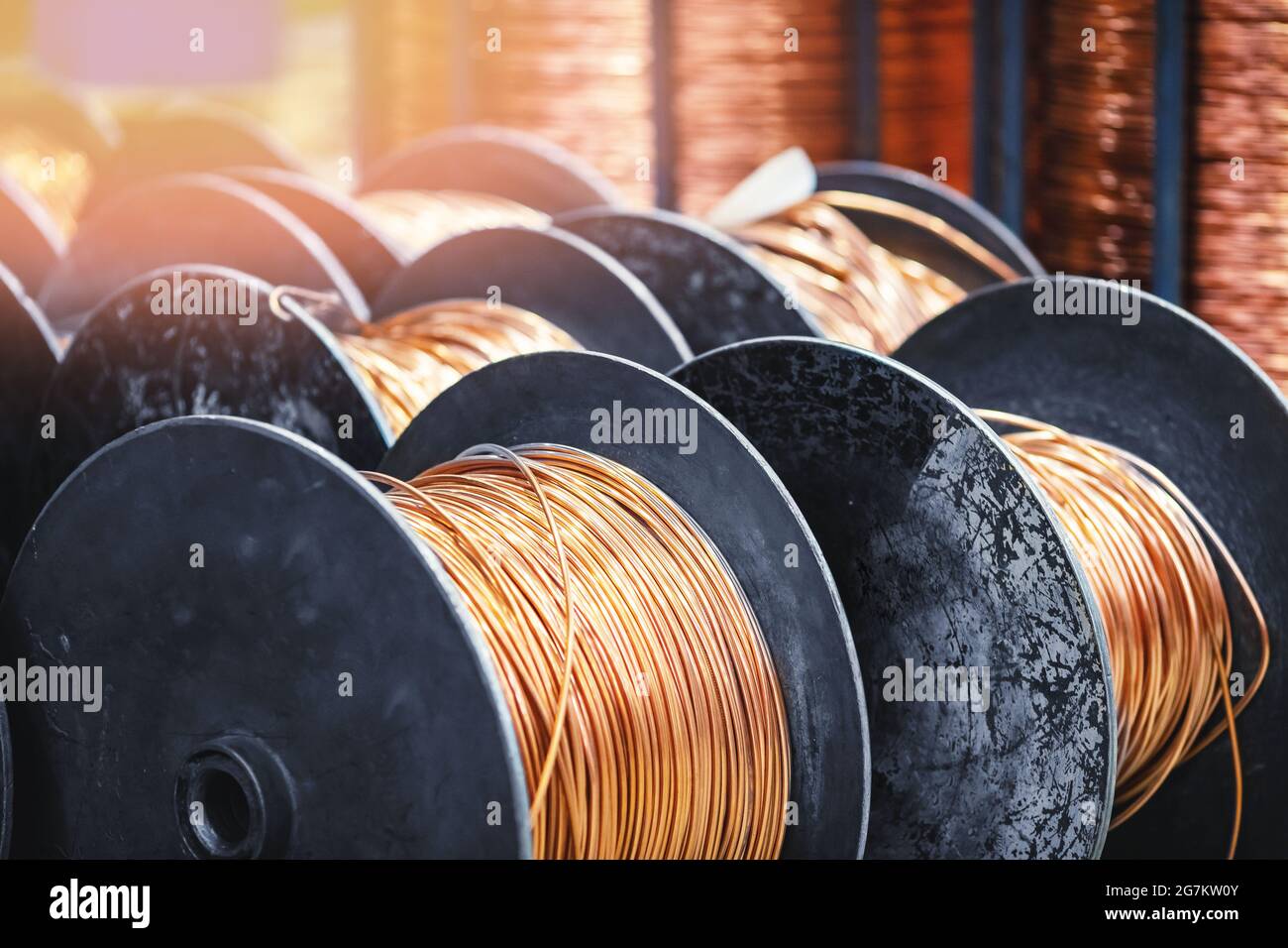 Copper coil cable spool on factory, warehouse factory wire Stock Photo ...