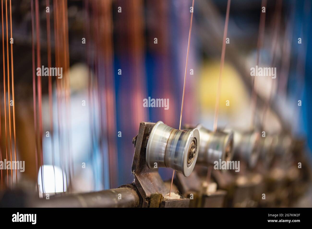 Copper wire cable production in coils, metal steel industrial plant ...