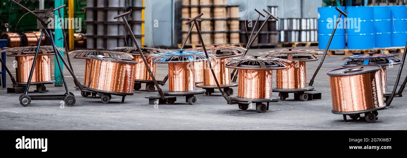 Copper wire cable production in coils, metal steel industrial plant ...